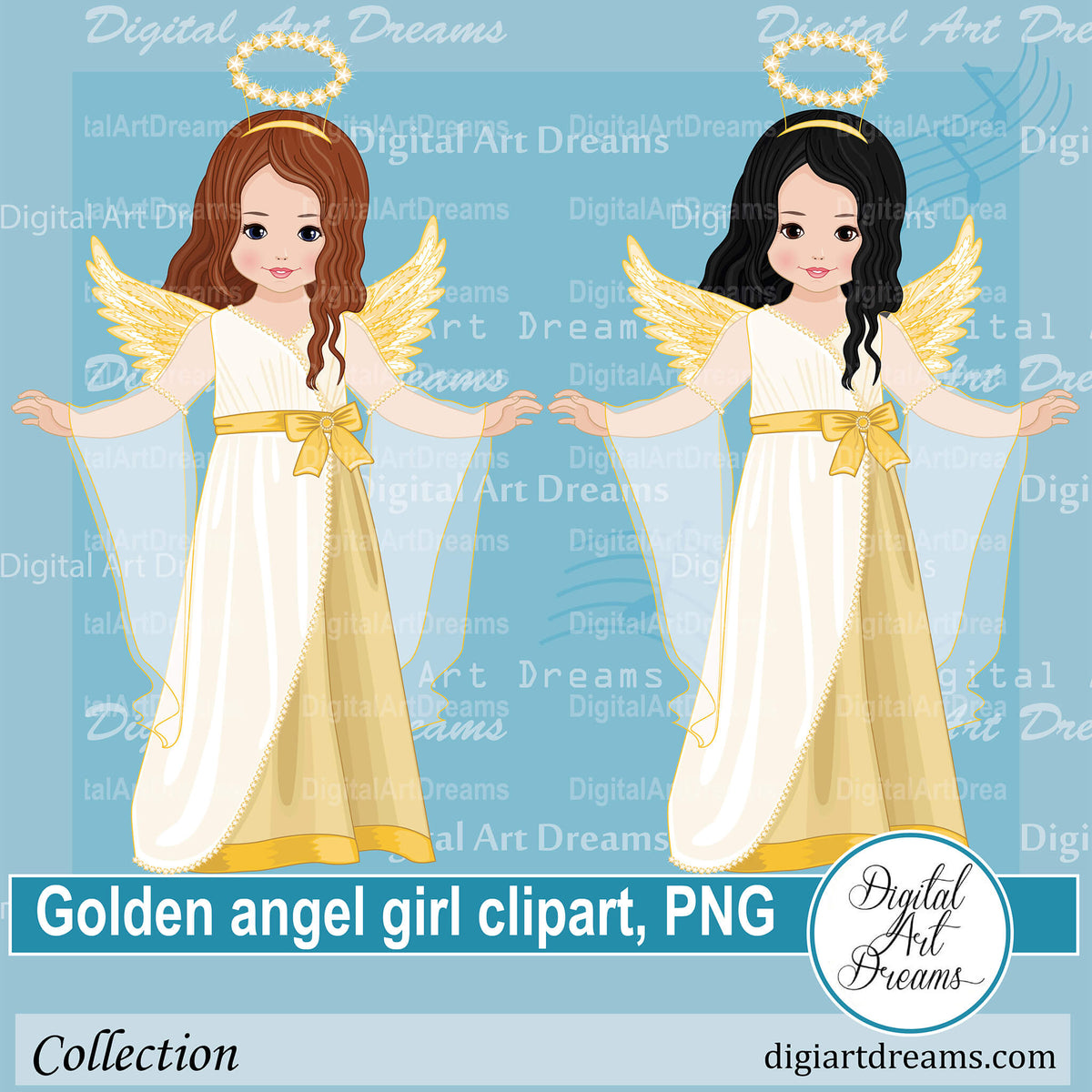Angel Girl Clipart with Wings and Halo | Golden Angels PNG – Digital ...